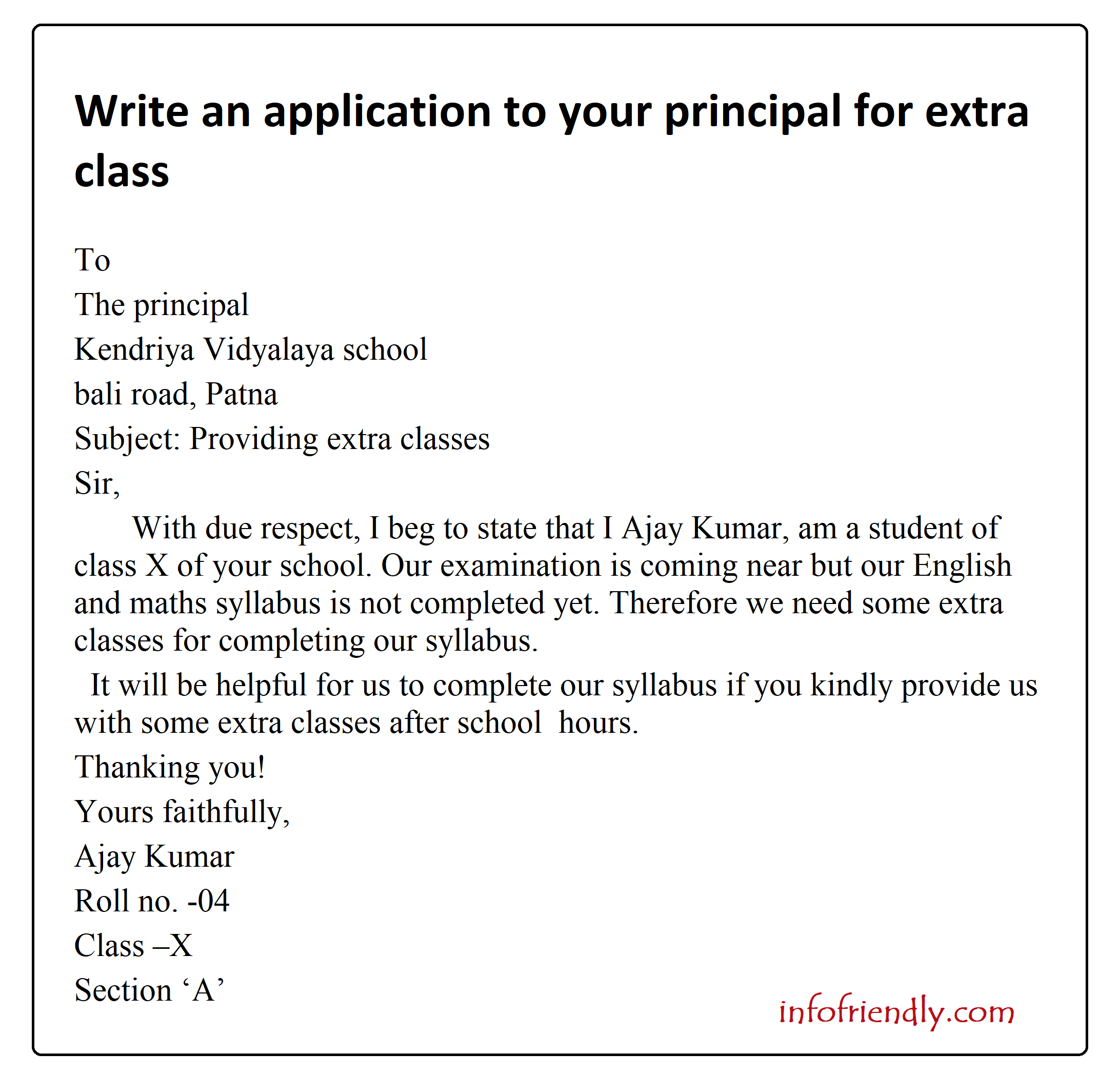 Write An Application To Your Principal For Extra Class