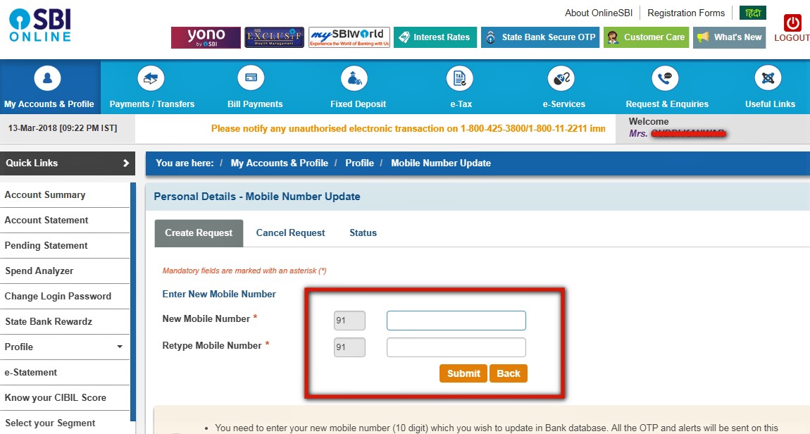 How to change the registered mobile number in SBI bank?